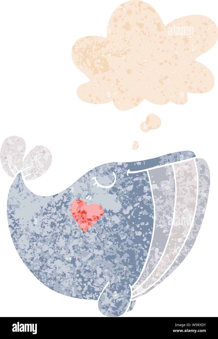 cartoon whale with love heart with thought bubble in grunge distressed ...