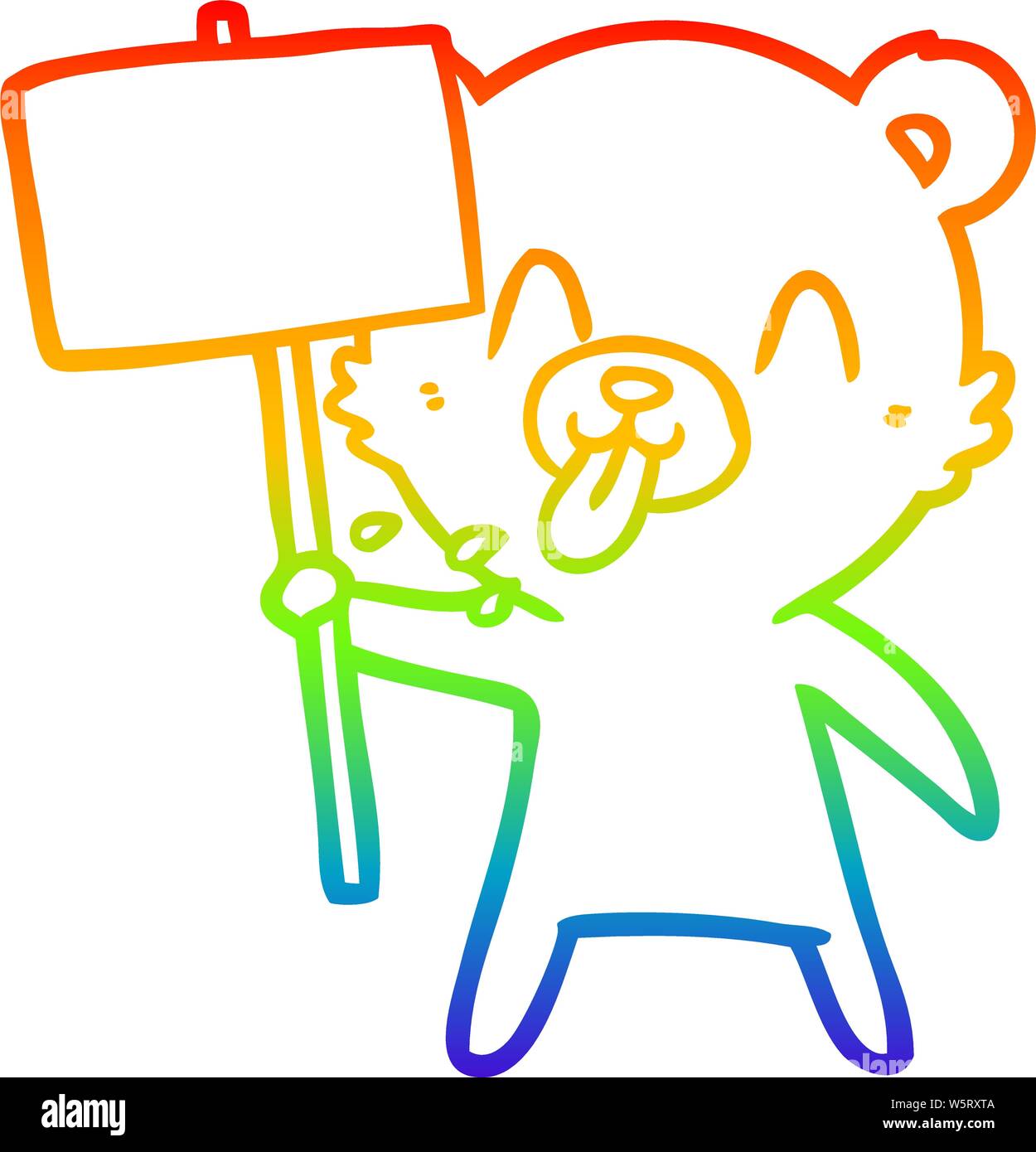 rainbow gradient line drawing of a rude cartoon bear with protest sign ...