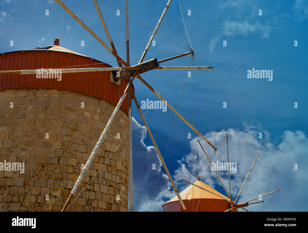 The famous windmills with a beautiful sky on the island of Rhodes ...