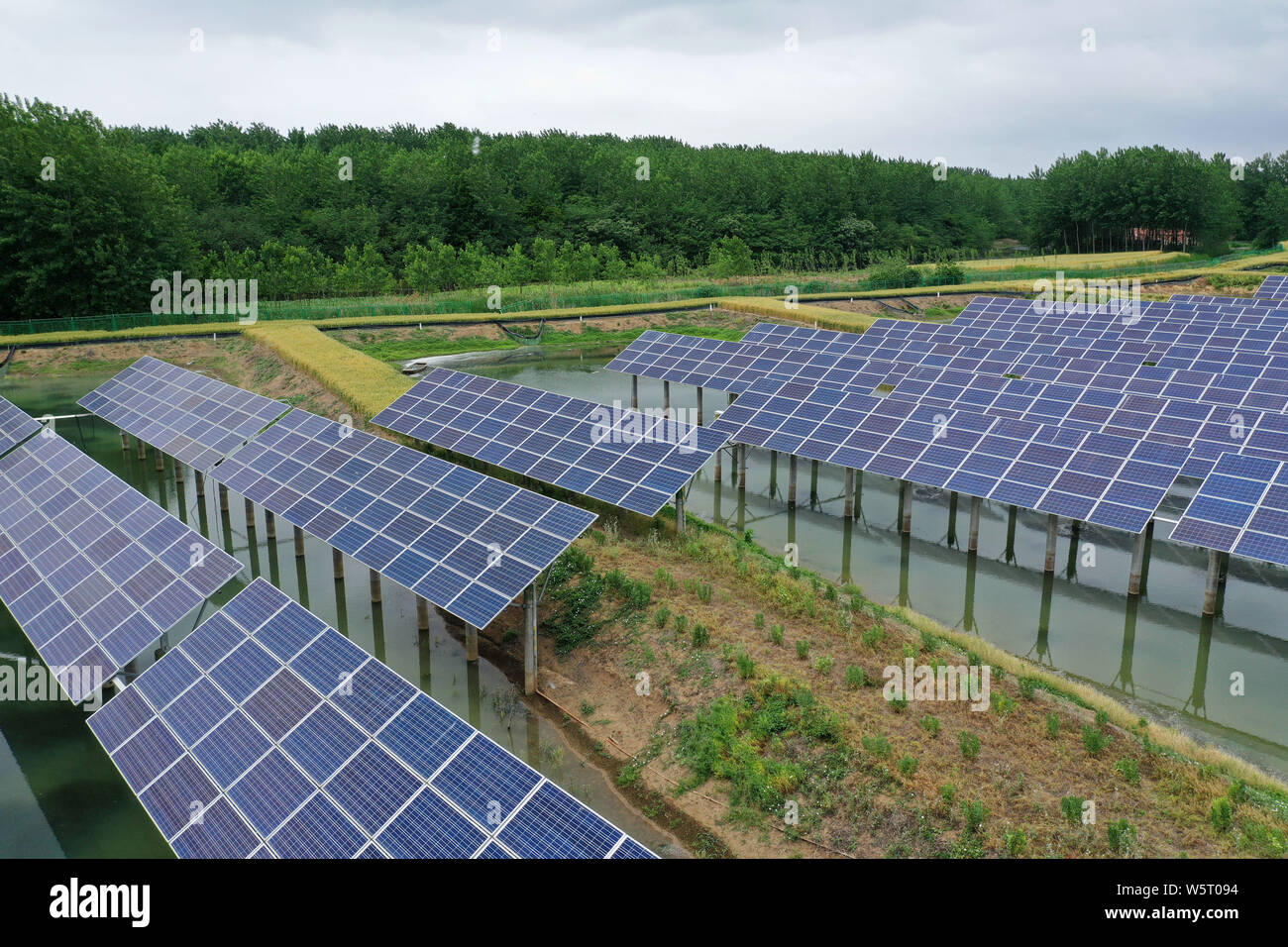 --FILE--Aerial view of a floating solar energy farm at a photovoltaic ...