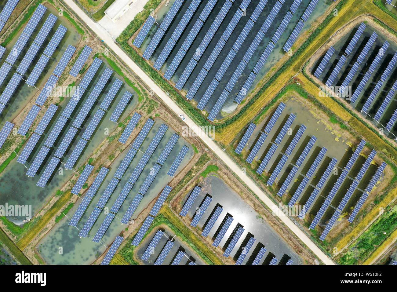--FILE--Aerial view of a floating solar energy farm at a photovoltaic ...