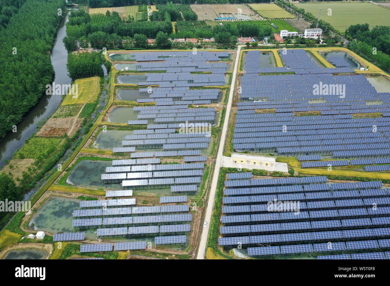 --FILE--Aerial view of a floating solar energy farm at a photovoltaic ...