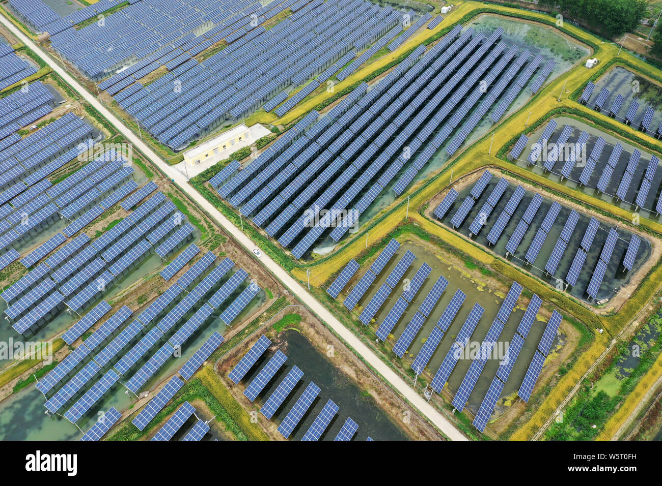 --FILE--Aerial view of a floating solar energy farm at a photovoltaic ...
