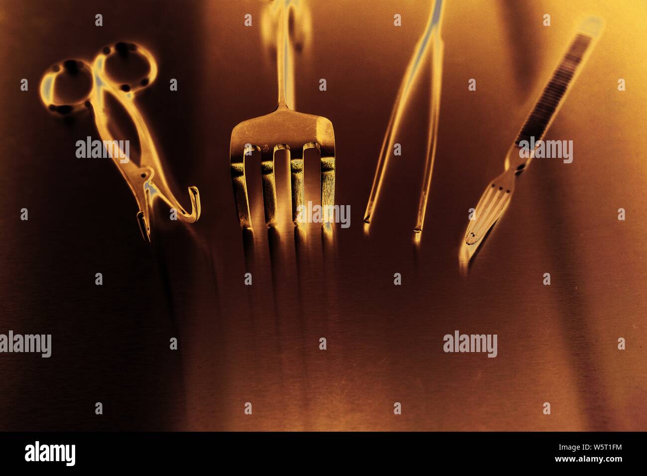 Stainless steel surgical instruments, forceps. Close up. Copy spase ...