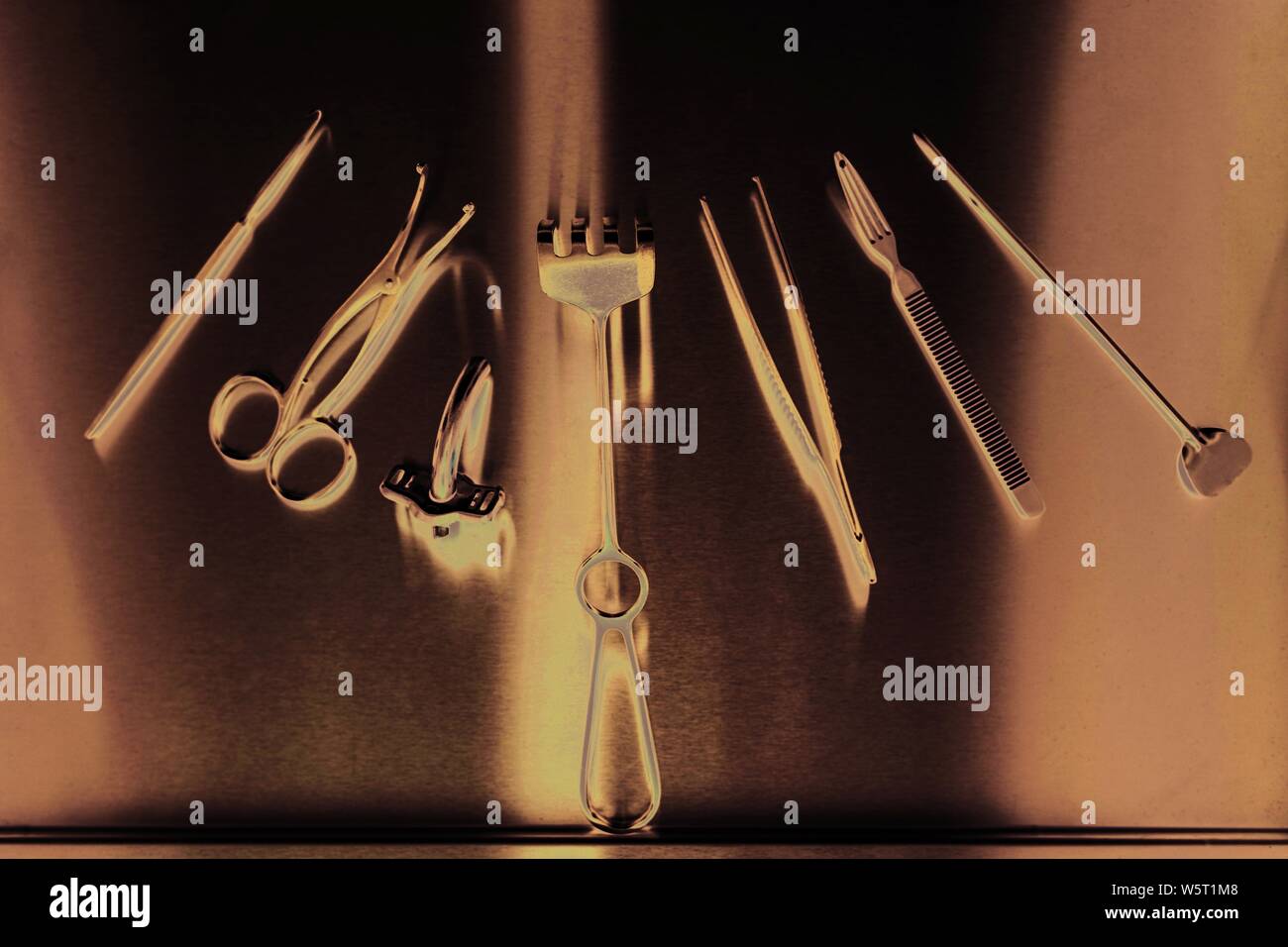 Stainless steel surgical instruments, forceps. Close up. Copy spase ...