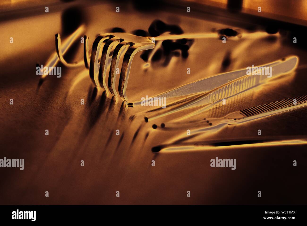 Stainless steel surgical instruments, forceps. Close up. Copy spase ...