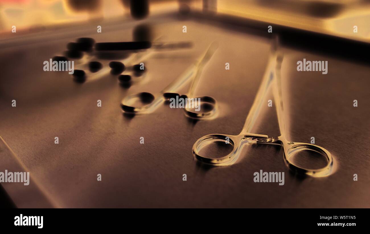 Stainless steel surgical instruments, forceps. Close up. Copy spase ...