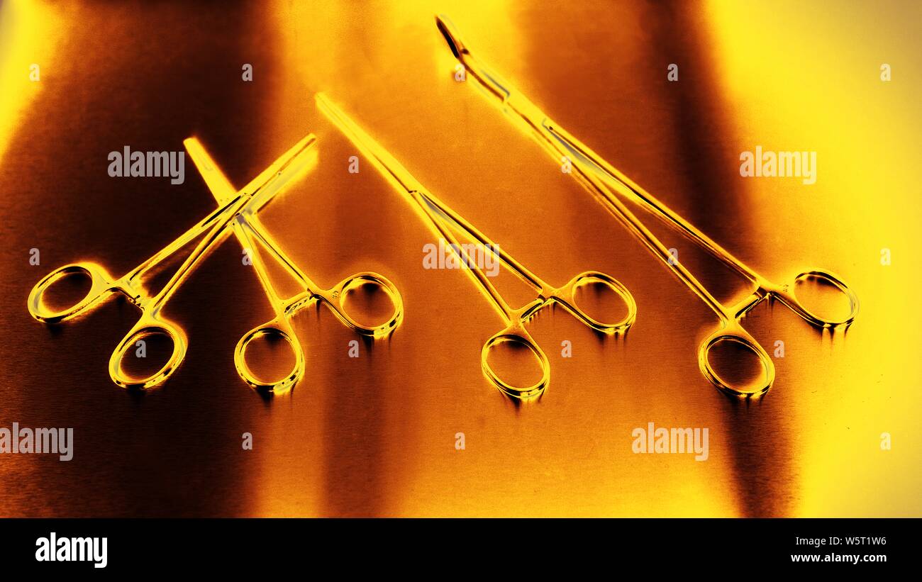 Stainless steel surgical instruments, forceps. Close up. Copy spase ...