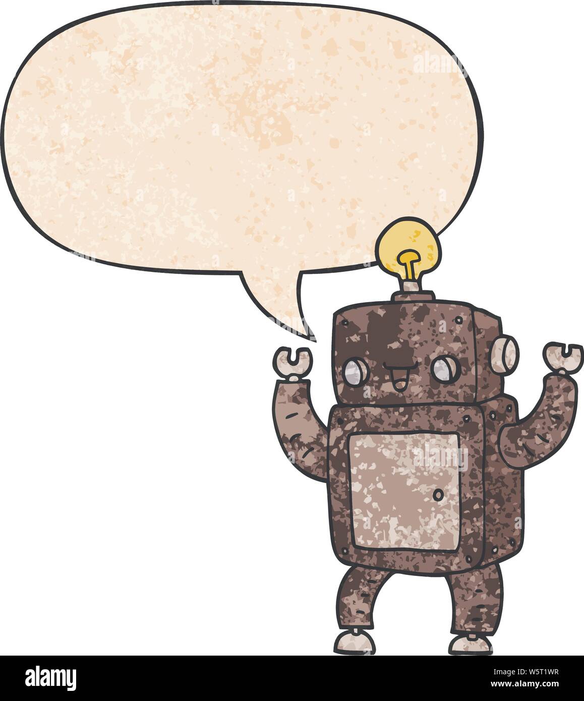cartoon happy robot with speech bubble in retro texture style Stock ...