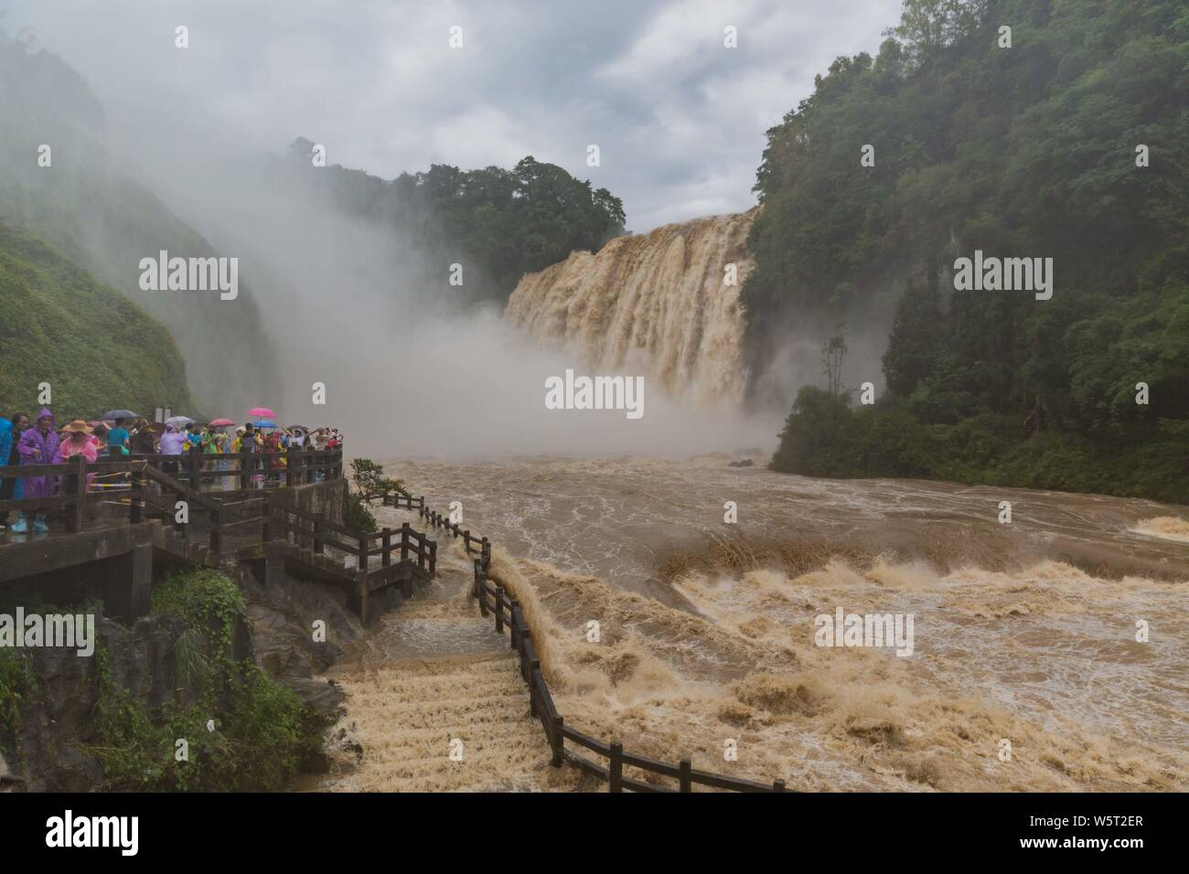 An aerial view of the Huangguoshu Waterfall in the biggest flow of the ...