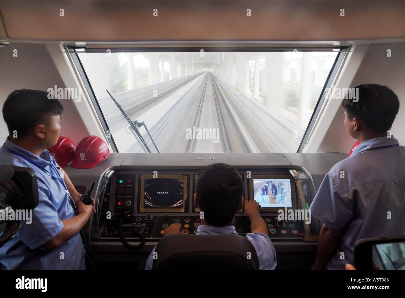 View of a subway train of a new airport subway line running on the ...
