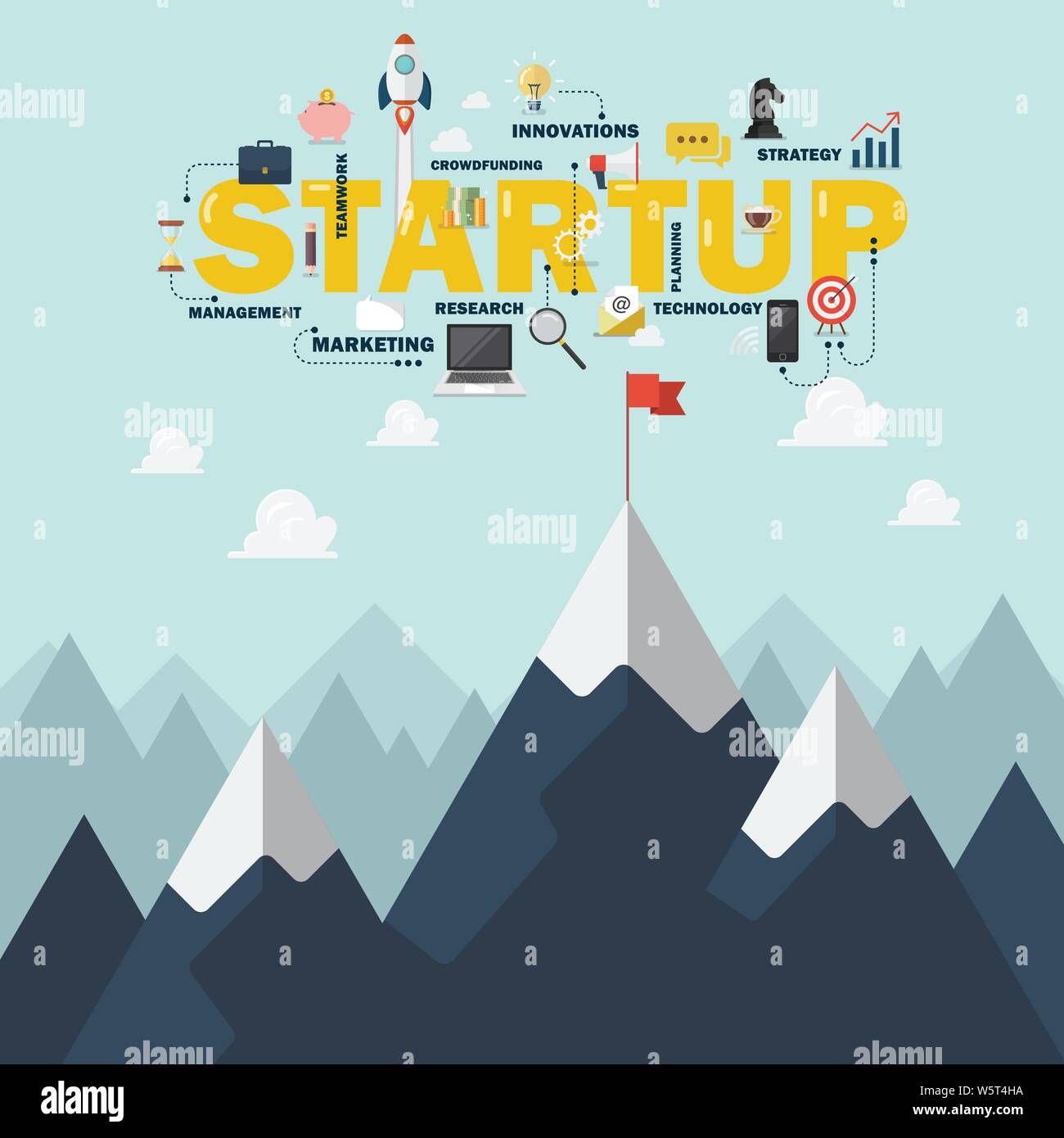 Red flag on a Mountain peak startup success concept. Vector ...