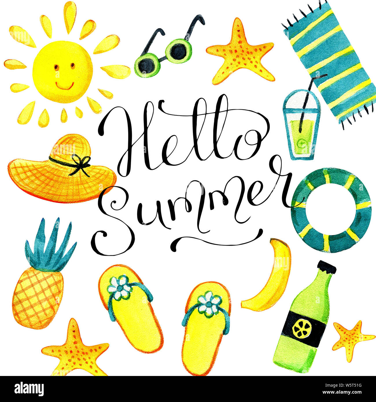 A set of isolated objects of summer theme watercolor Stock Photo - Alamy