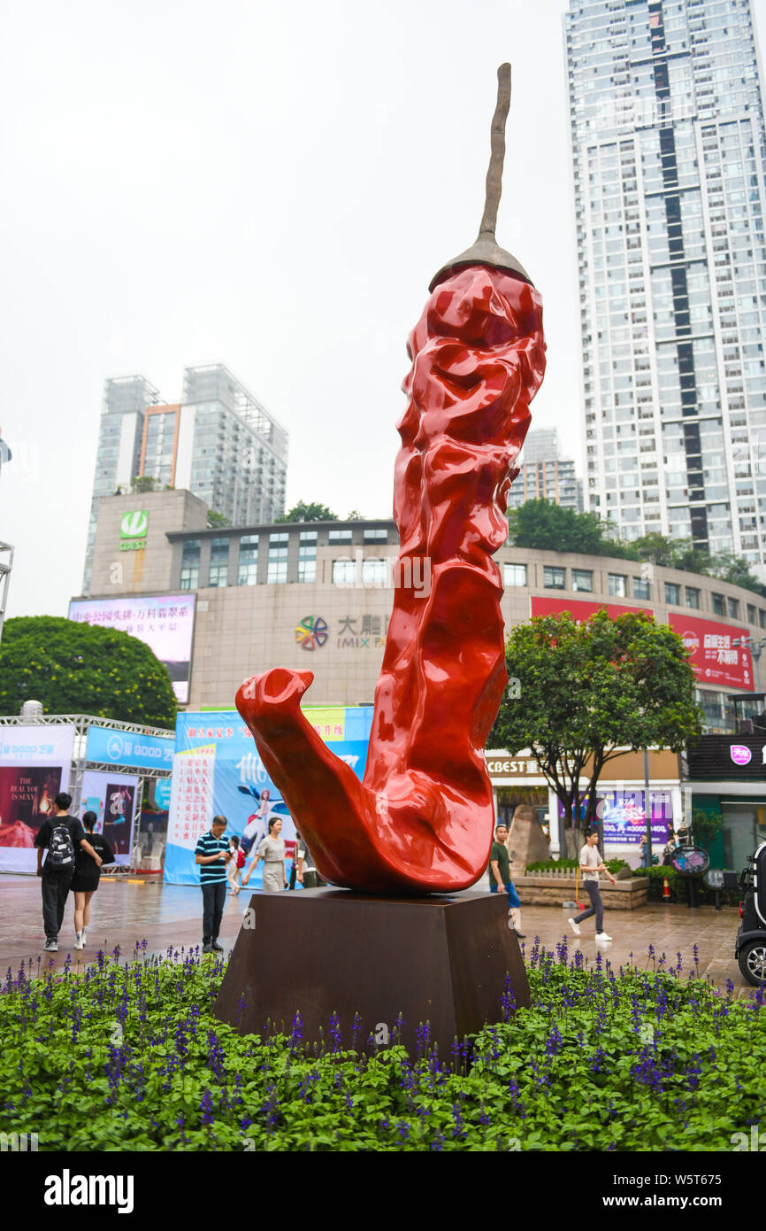 View of a 6-meter-tall red pepper sculpture at a square in Chongqing ...