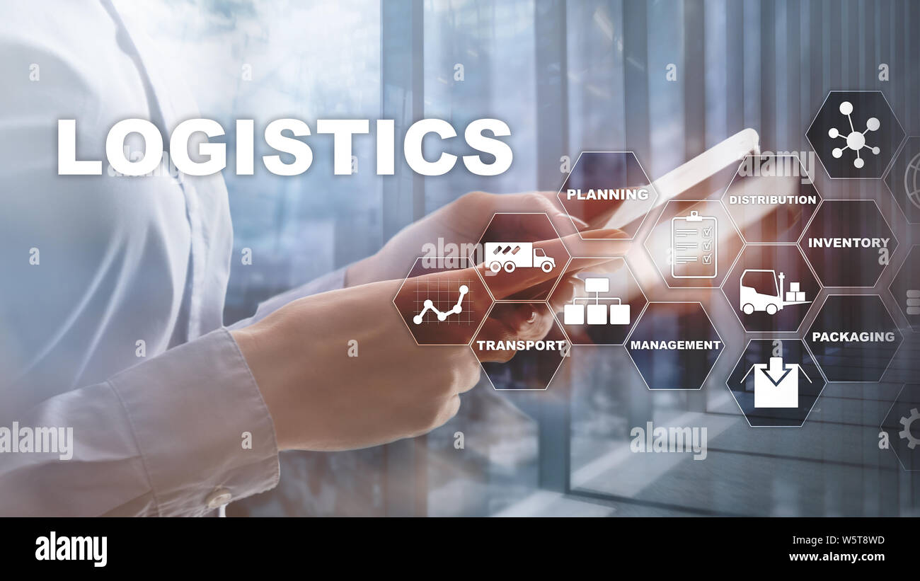 Logistic and transport concept. Businessman shows logistics diagram ...