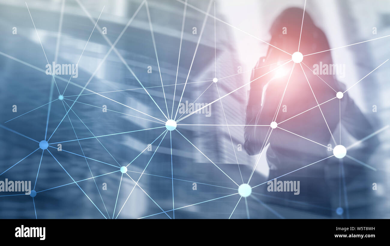 Blockchain network on blurred skyscrapers background. Financial ...