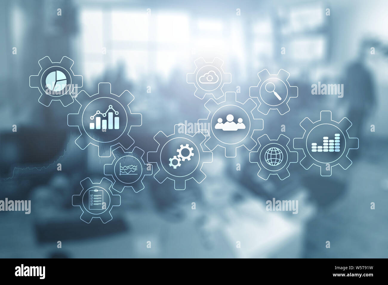 Blurred Office Space. Business Technology process abstract diagram with ... Blurred Office Space. Business Technology process abstract diagram with ...