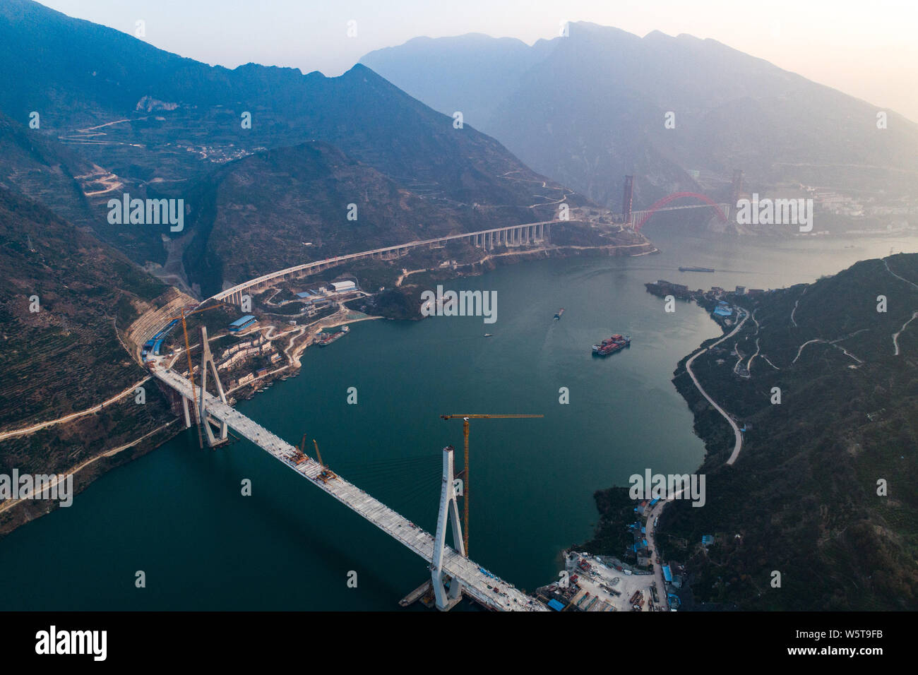 Aerial view of the last bridge deck of the Xiangxi Yangtze River Bridge ...