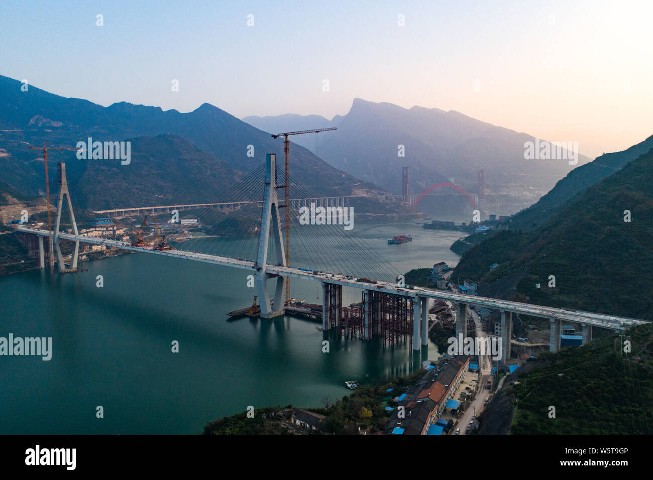 Aerial view of the last bridge deck of the Xiangxi Yangtze River Bridge ...