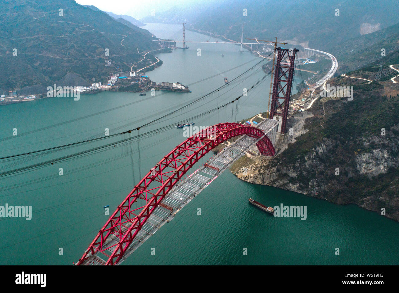 Aerial view of the construction site of the Xiangxi Yangtze River ...