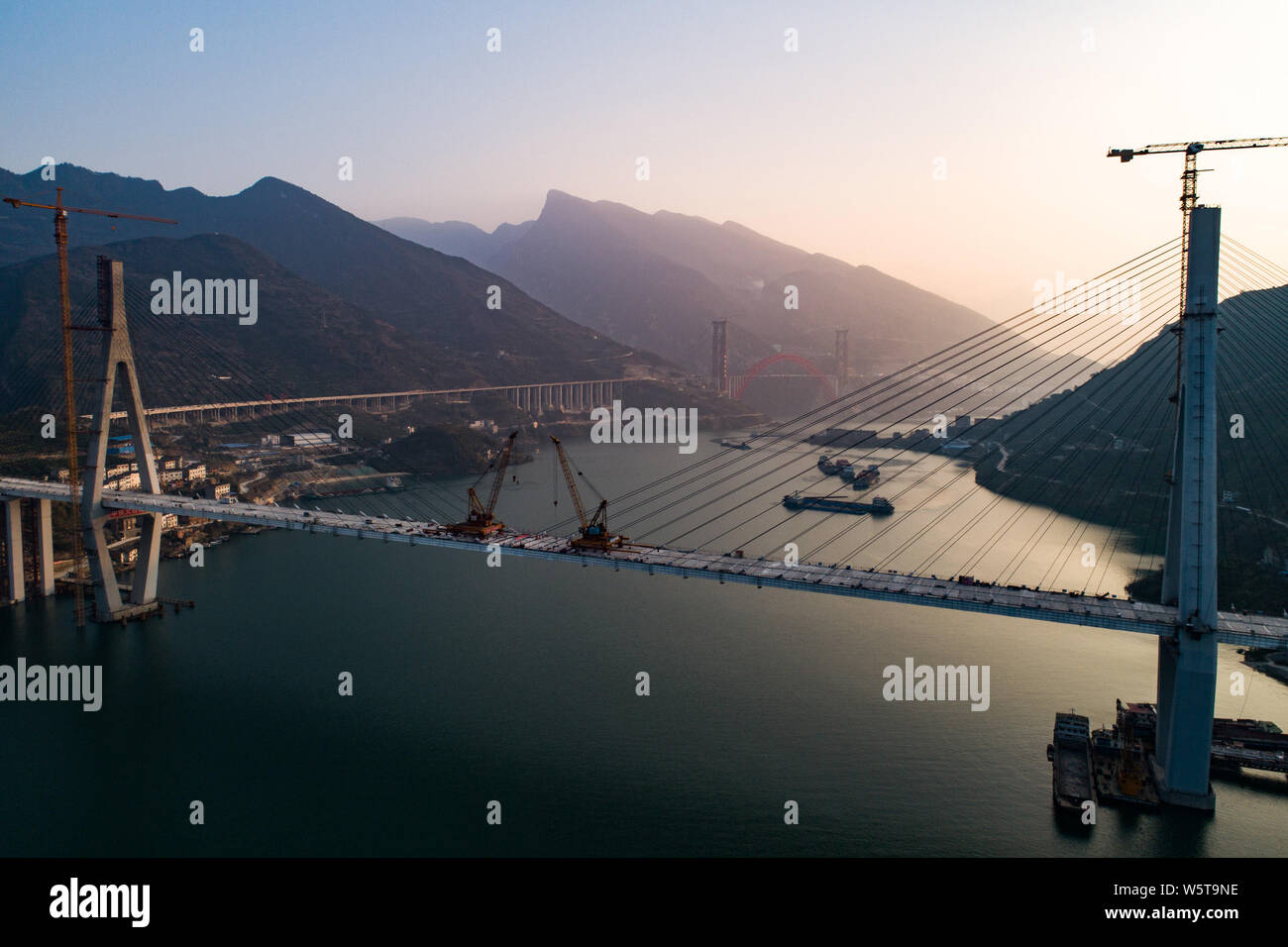 Aerial view of the last bridge deck of the Xiangxi Yangtze River Bridge ...