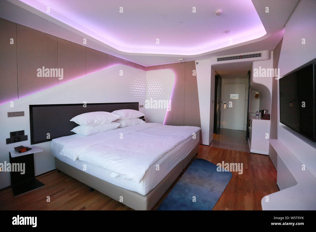 An interior view of a guest room at Alibaba's futuristic hotel "Flyzoo ...