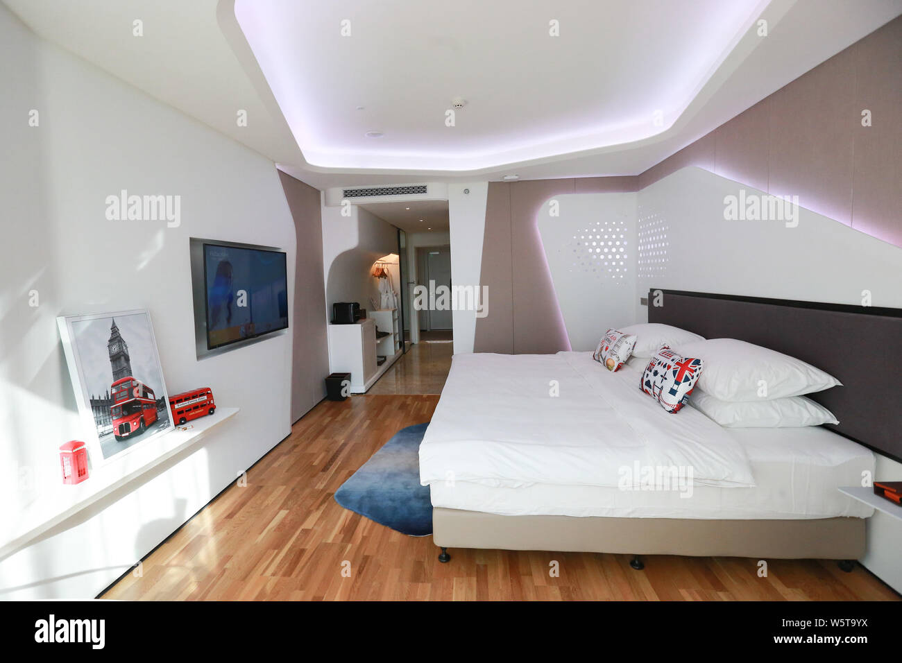 An interior view of a guest room at Alibaba's futuristic hotel "Flyzoo ...