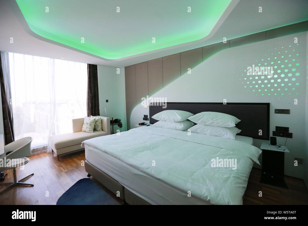 An interior view of a guest room at Alibaba's futuristic hotel "Flyzoo ...