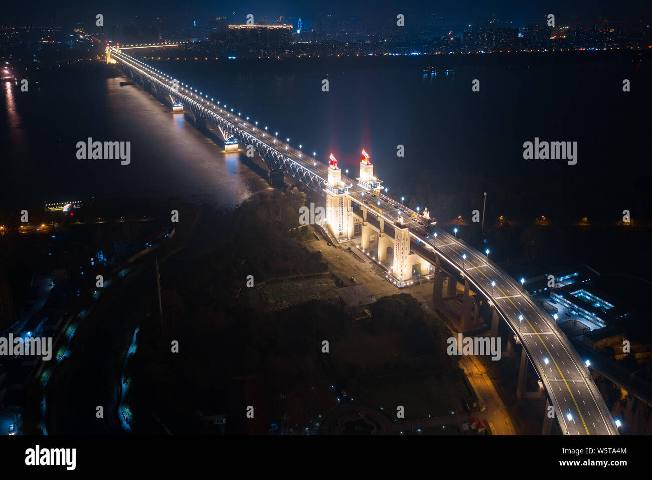 Aerial view of the illuminated Nanjing Yangtze River Bridge in Nanjing ...