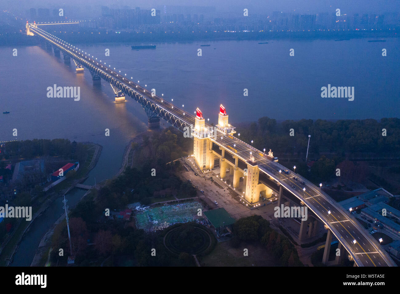 Aerial view of the illuminated Nanjing Yangtze River Bridge in Nanjing ...