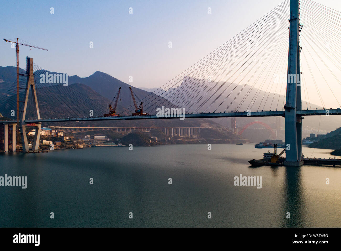 Aerial view of the last bridge deck of the Xiangxi Yangtze River Bridge ...