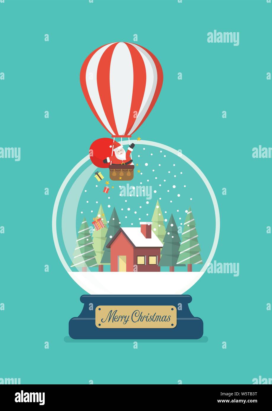 Merry christmas glass ball with Santa in balloon and winter house ...