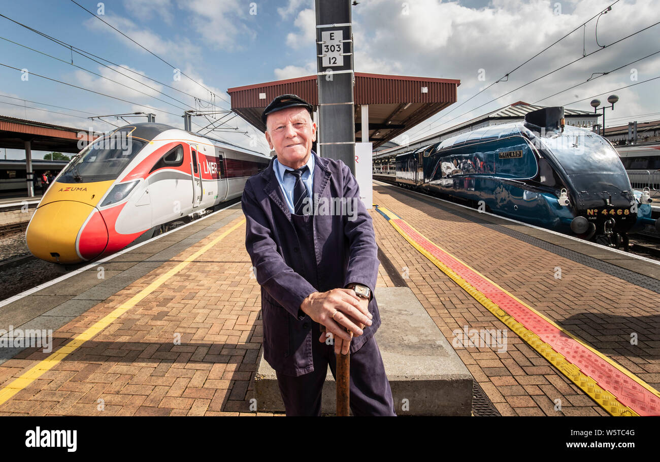 Steam traction inspector Jim Smith is pictured with a new Azuma train ...