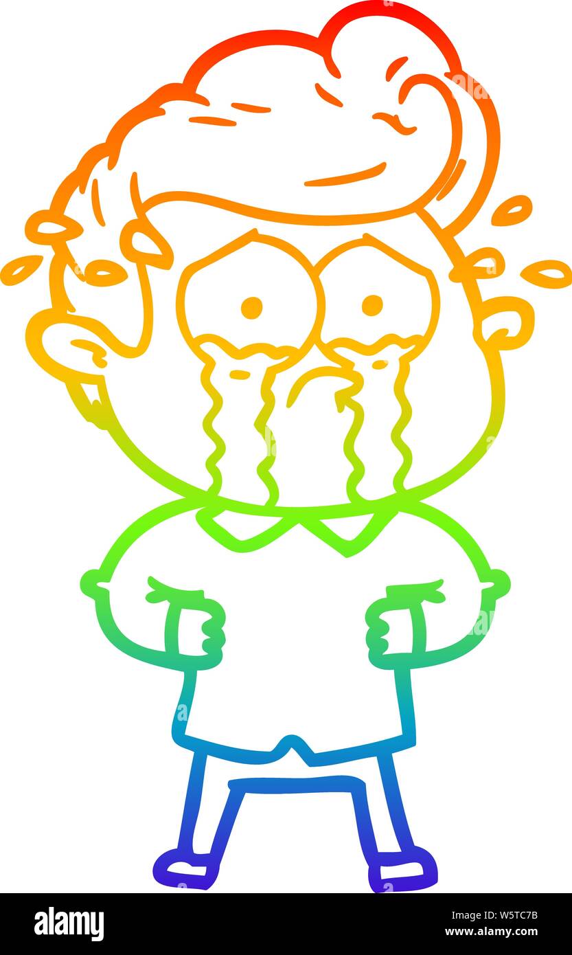 rainbow gradient line drawing of a cartoon crying man with hands on ...