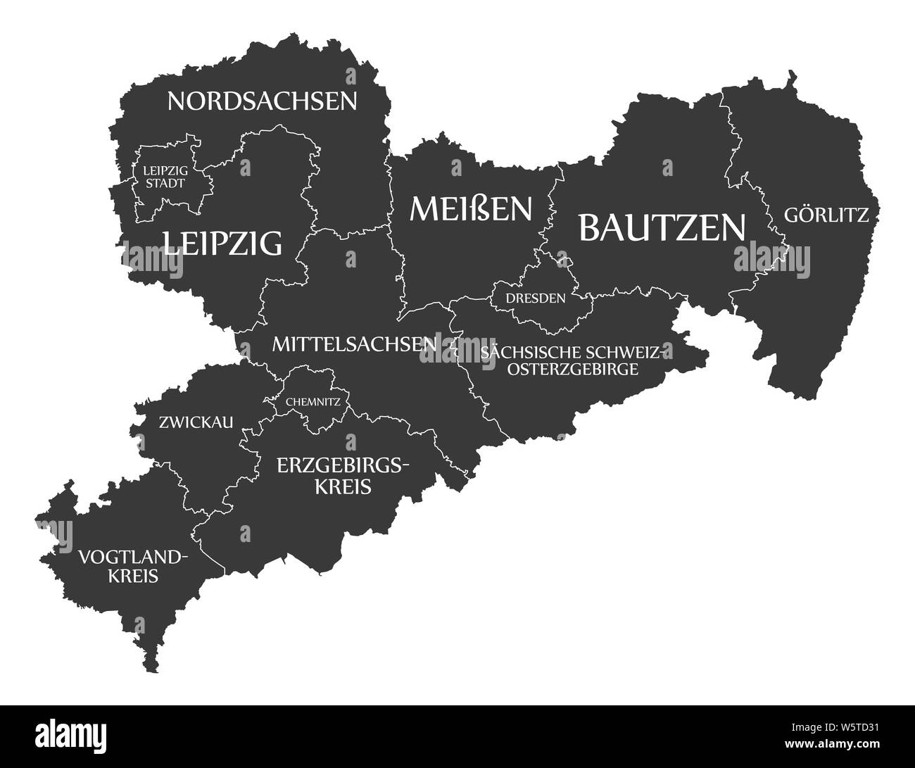 Modern Map - Saxony map of Germany with counties and labels black Stock ...