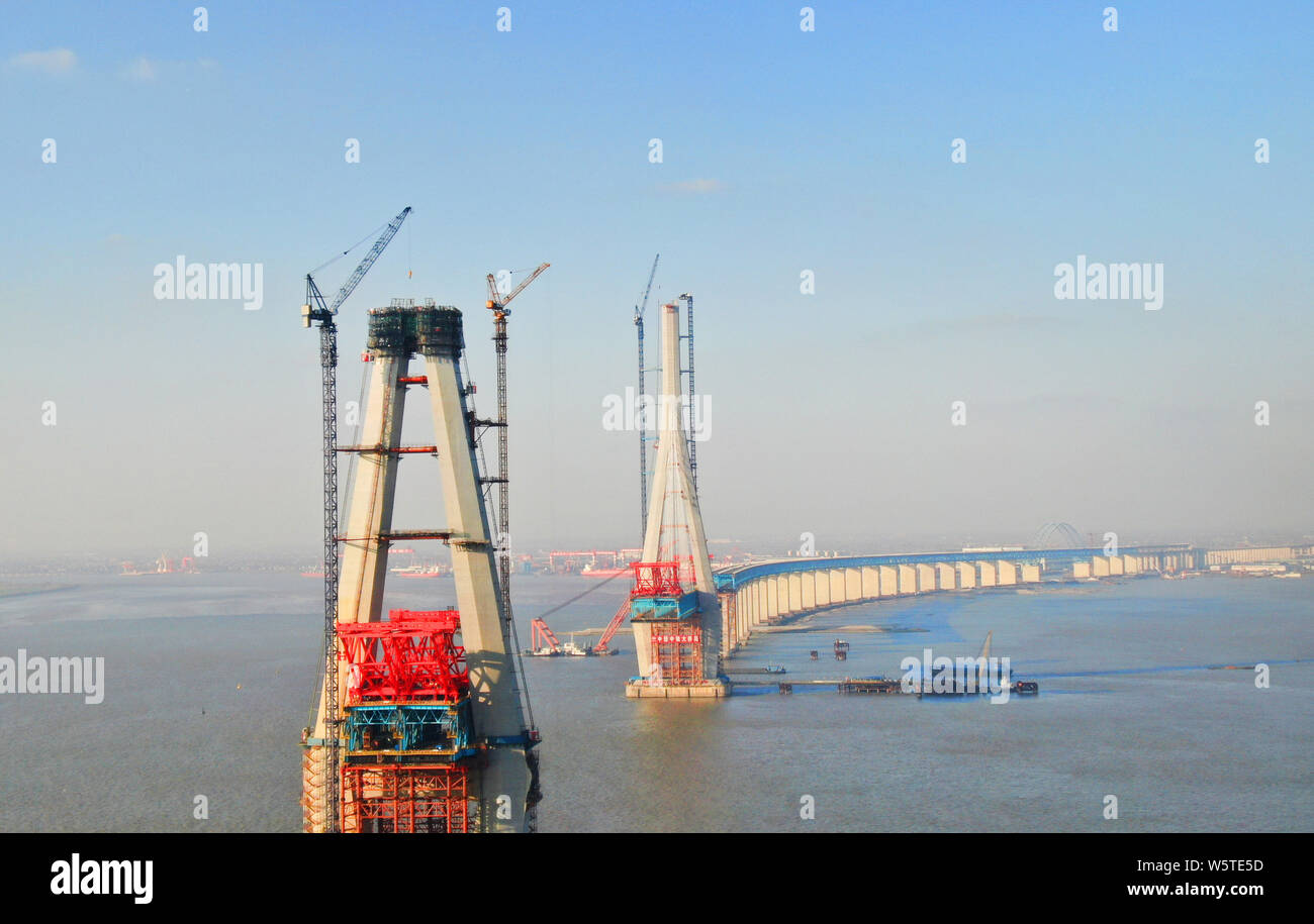 An aerial view of the construction site of the No.29 main pier of the ...