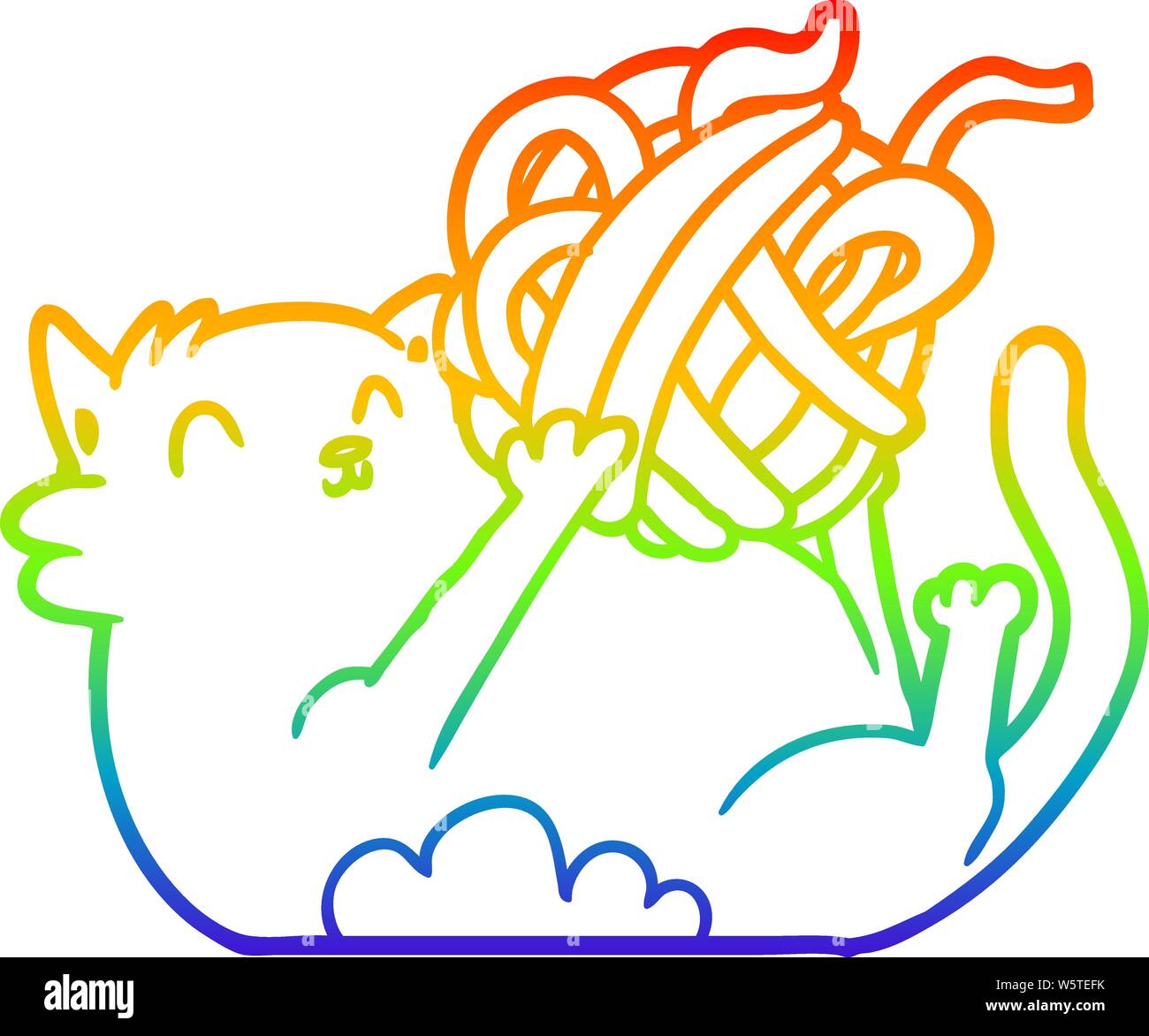 rainbow gradient line drawing of a cartoon cat playing with ball of ...