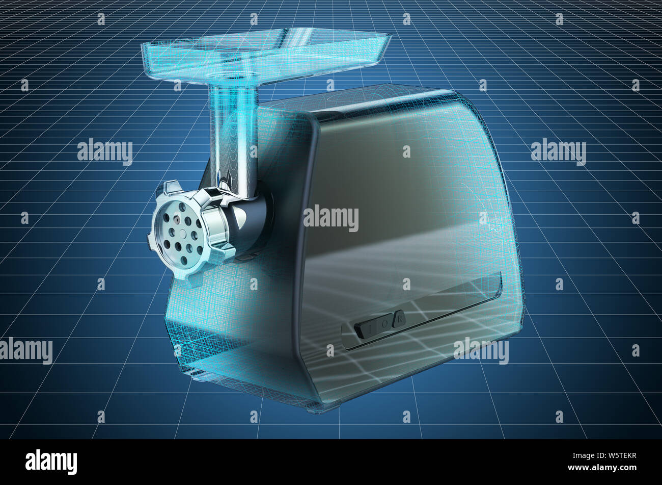Visualization 3d cad model of electric meat grinder, blueprint. 3D ...