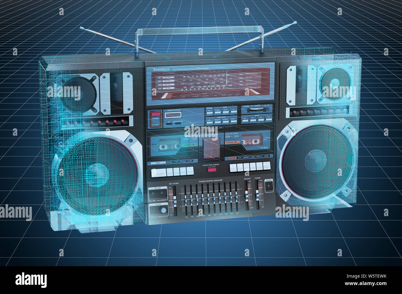Visualization 3d cad model of retro Boombox, blueprint. 3D rendering ...