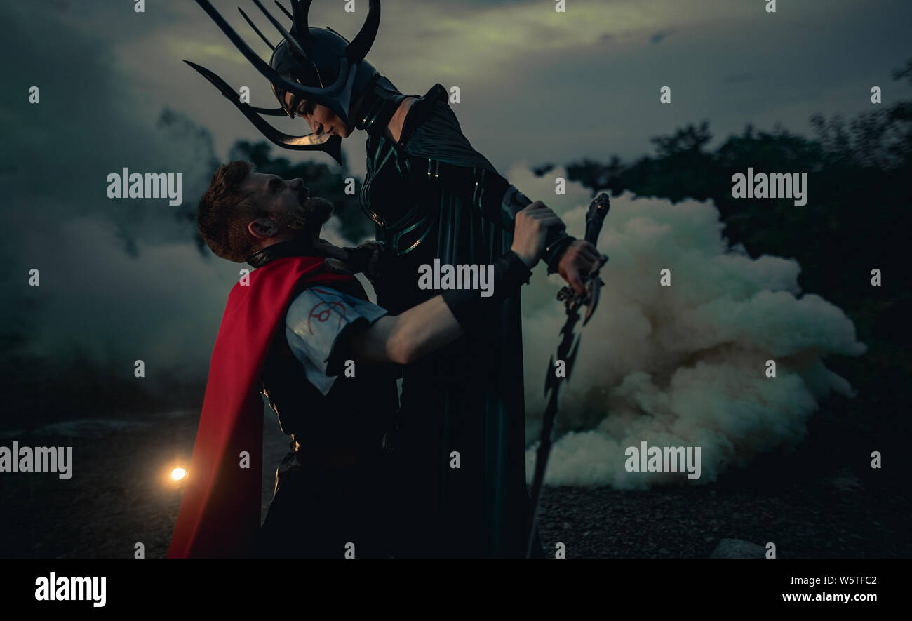 Dnipro, Ukraine- June 5, 2019: Cosplayers portray battle of goddess of ...