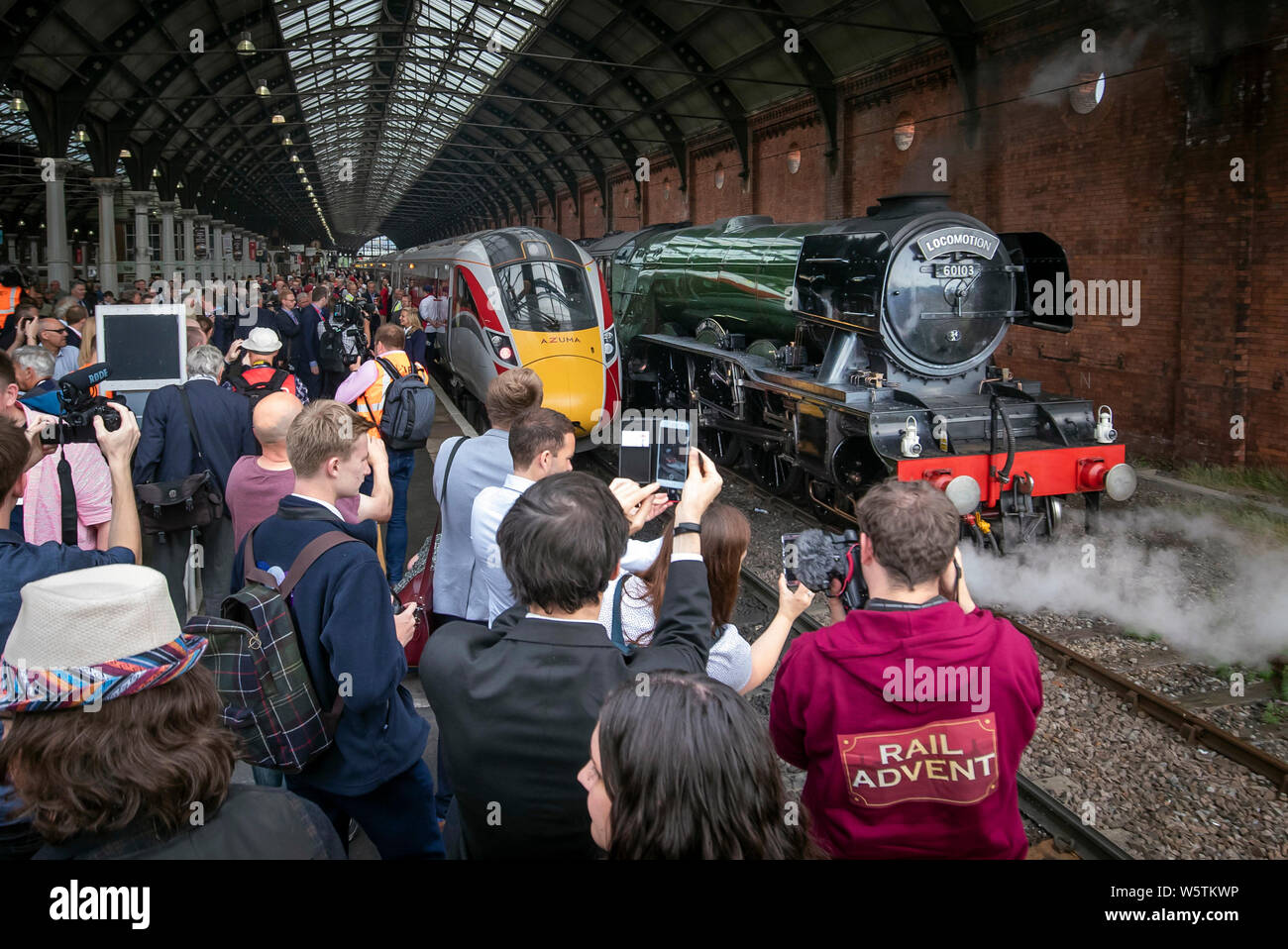 A new Azuma train alongside the Flying Scotsman locomotive at Darlington Train Station in County ...