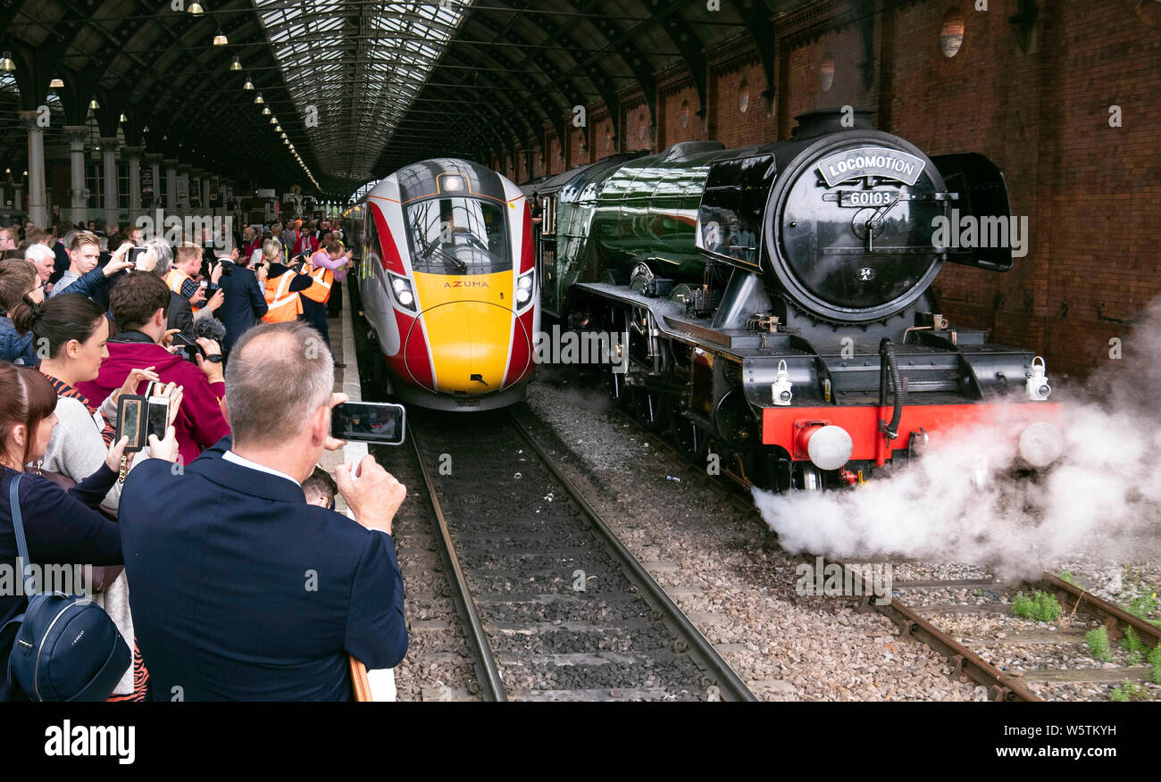 A new Azuma train alongside the Flying Scotsman locomotive at Darlington Train Station in County ...