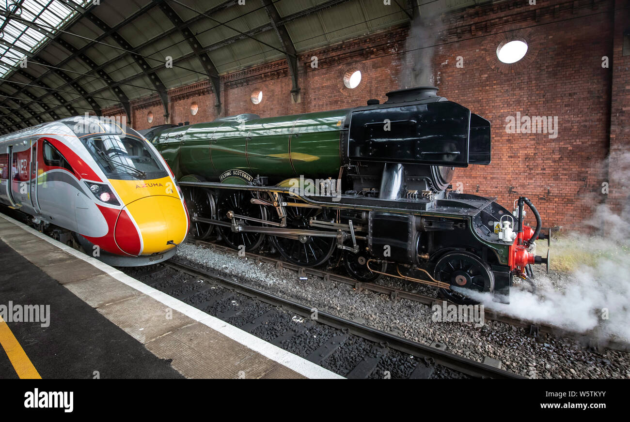 A new Azuma train alongside the Flying Scotsman locomotive at Darlington Train Station in County ...