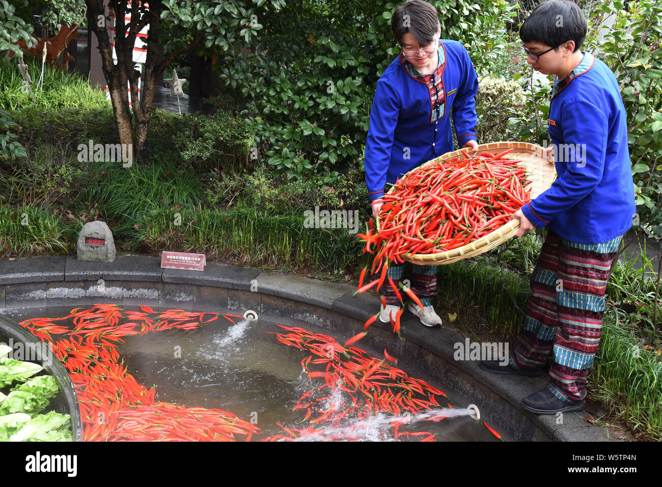 Workers prepare a hotpot-style hot spring half filled with peppers and ...