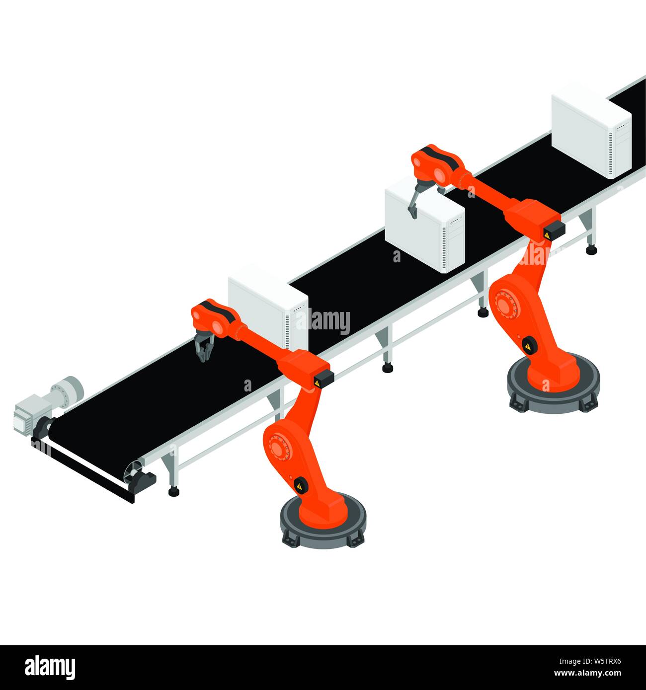 Assembly line with pc computers and automatic robotic arms industrial ...