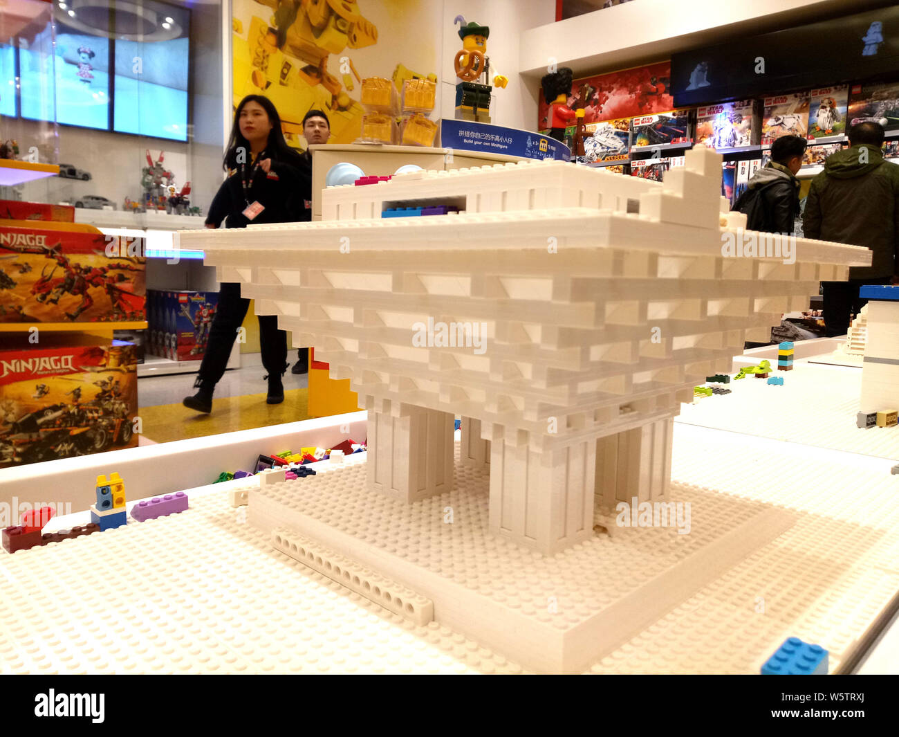 A model of the Chinese Hall at the World Expo made of Lego items is ...