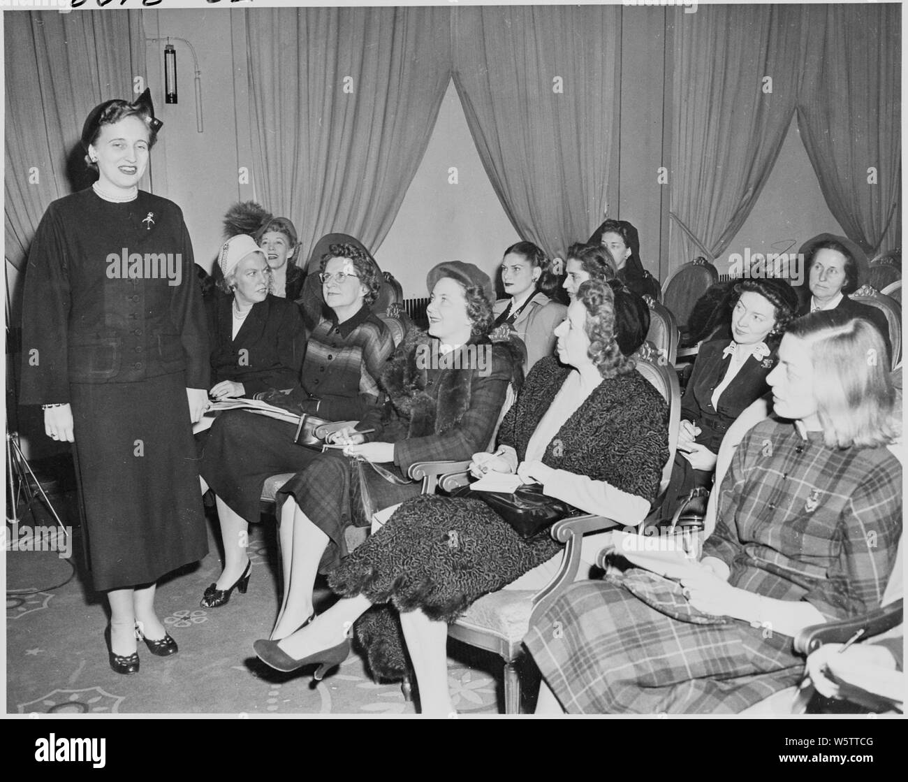 Photograph of Margaret Truman at a press conference prior to her ...