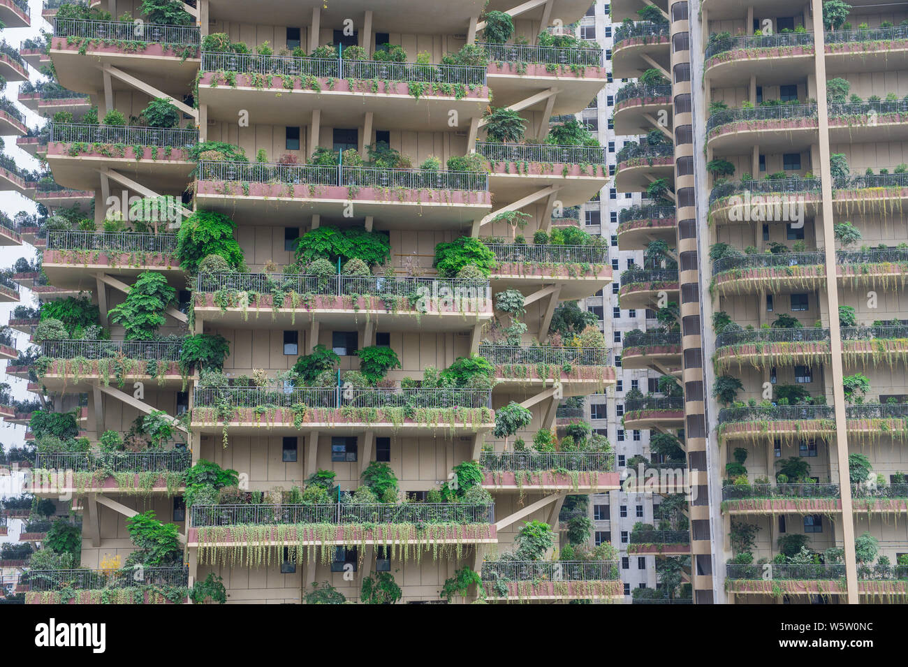 The balconies of newly-constructed residential buildings are decorated ...