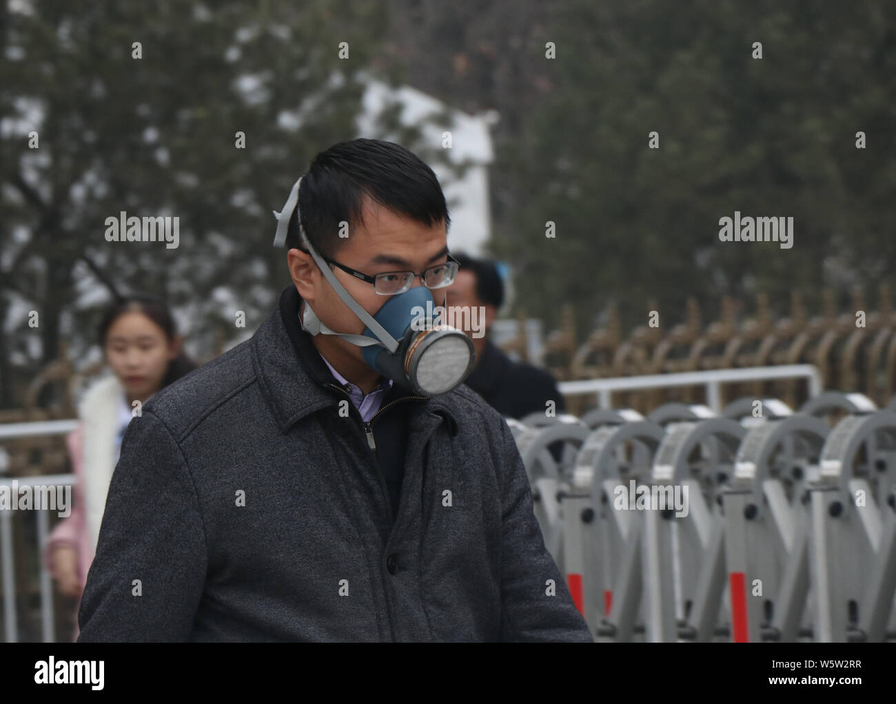 A pedestrian wearing a face mask against air pollution walks on the ...