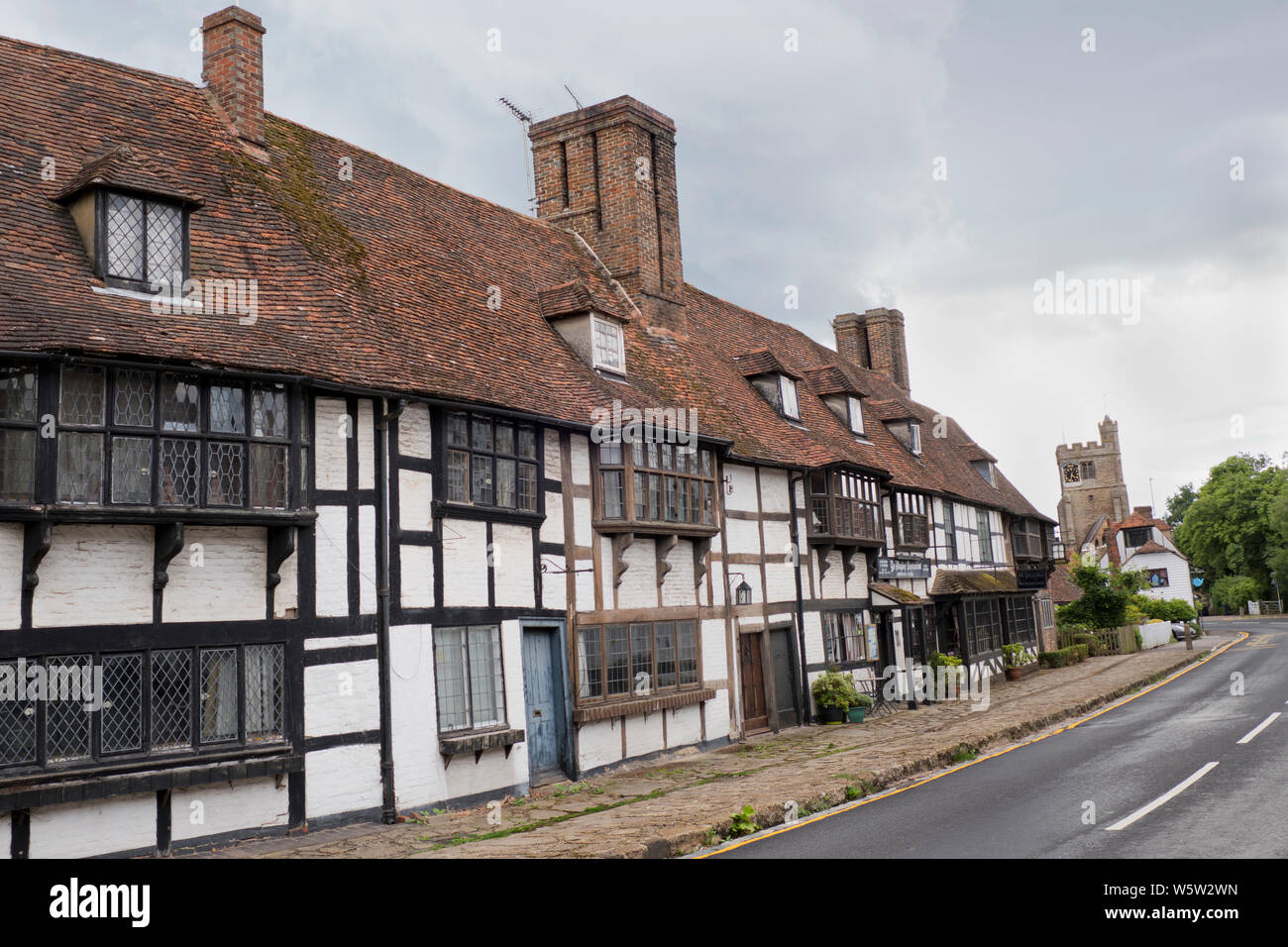 Original 1400s and Tudor buildings and pavement along Biddenden high ...